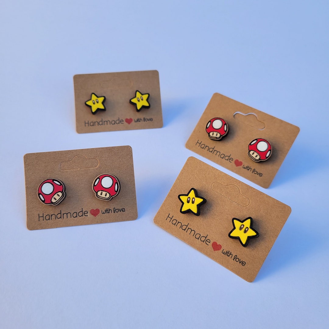 Mario, Super Star, and Super Mushroom Solid Maple Stud Earrings - Etsy
