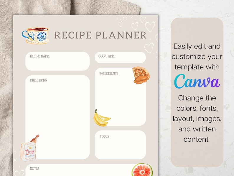 Watercolor Editable Recipe Card Template Recipe Card - Etsy