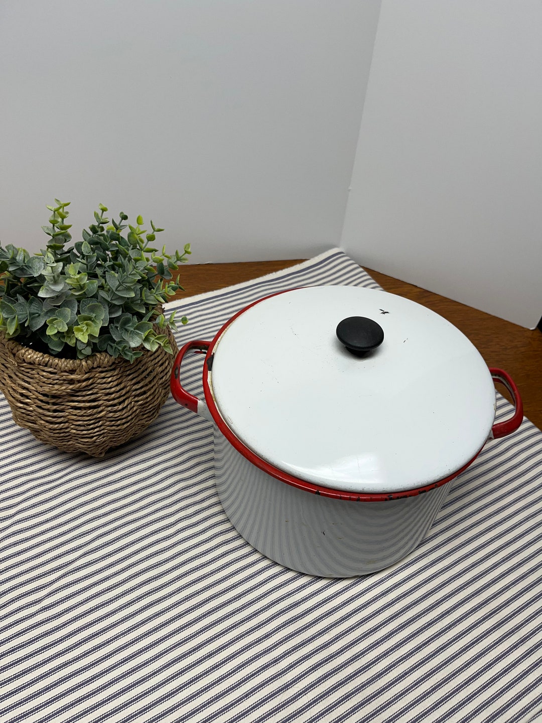 Vintage White and Red Enamel Pot With Lid Cottage Core Farmhouse ...