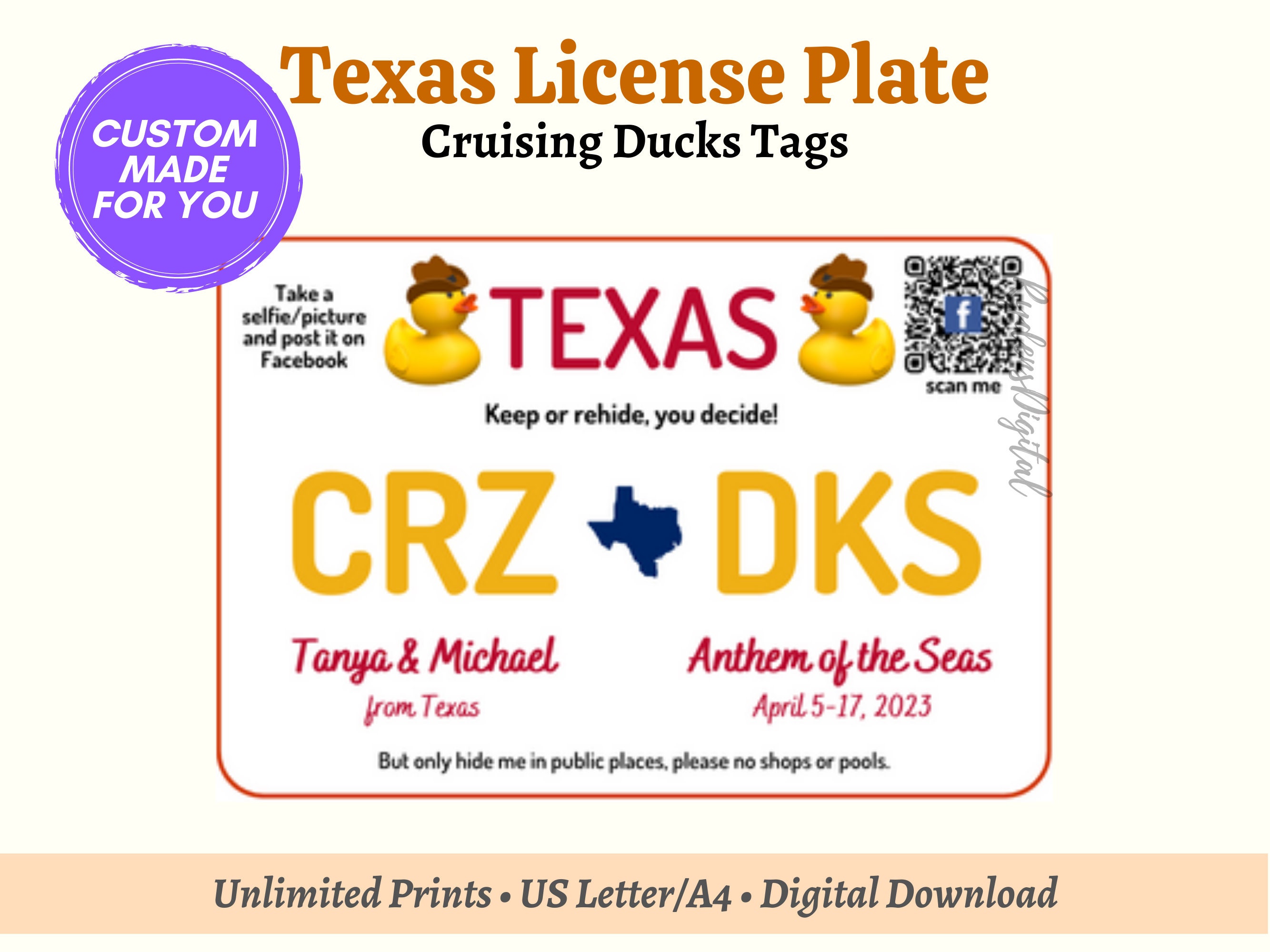 Personalized Texas License Plate Cruising Duck Tag, Rubber Duck Tag ...