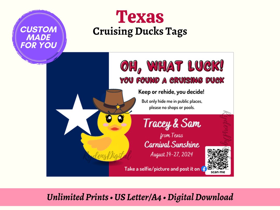 Texas Theme Cruising Duck Tag Personalized With Your Cruise Details ...