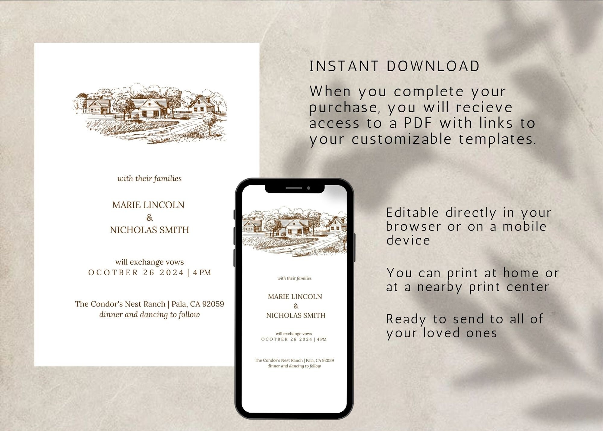 Rustic Farmhouse Minimalist Wedding Invitation Template Editable ...