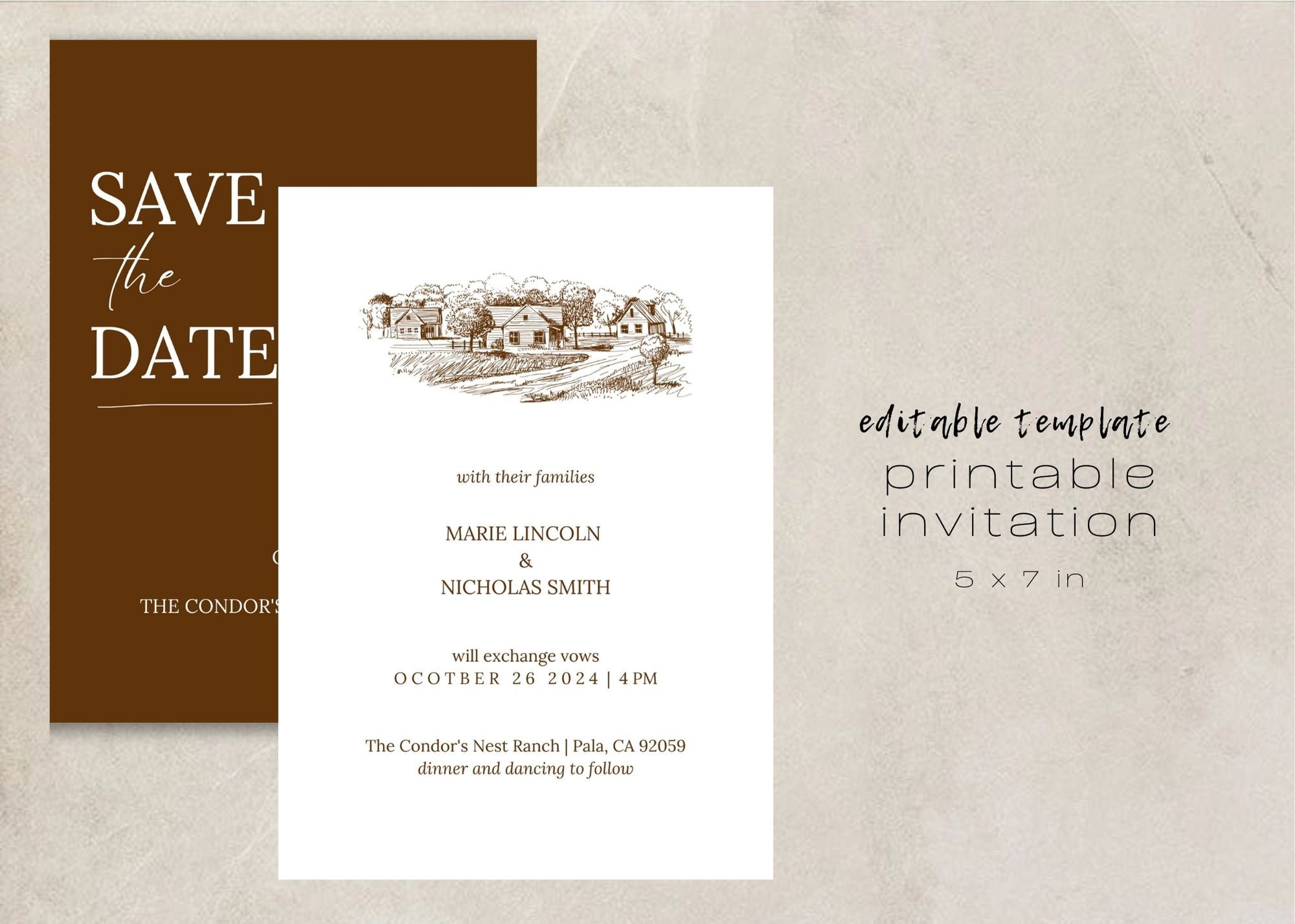 Rustic Farmhouse Minimalist Wedding Invitation Template Editable ...