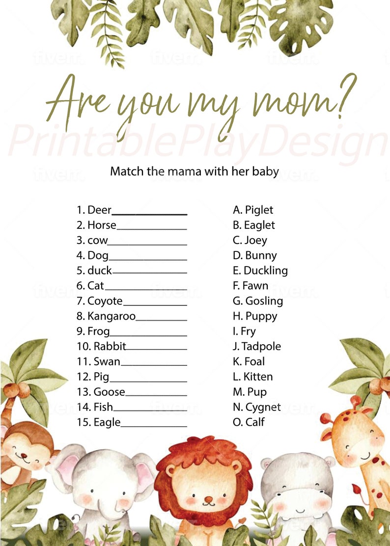 Are You My Mom Safari Baby Shower Game Gender Neutral Boy Girl Animal ...