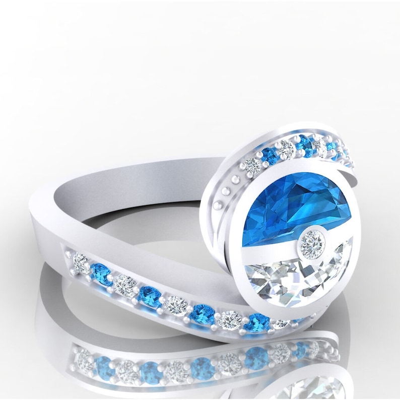 Pokemon Poke Ball 925 Sterling Silver Engagement Wedding Women's Ring ...