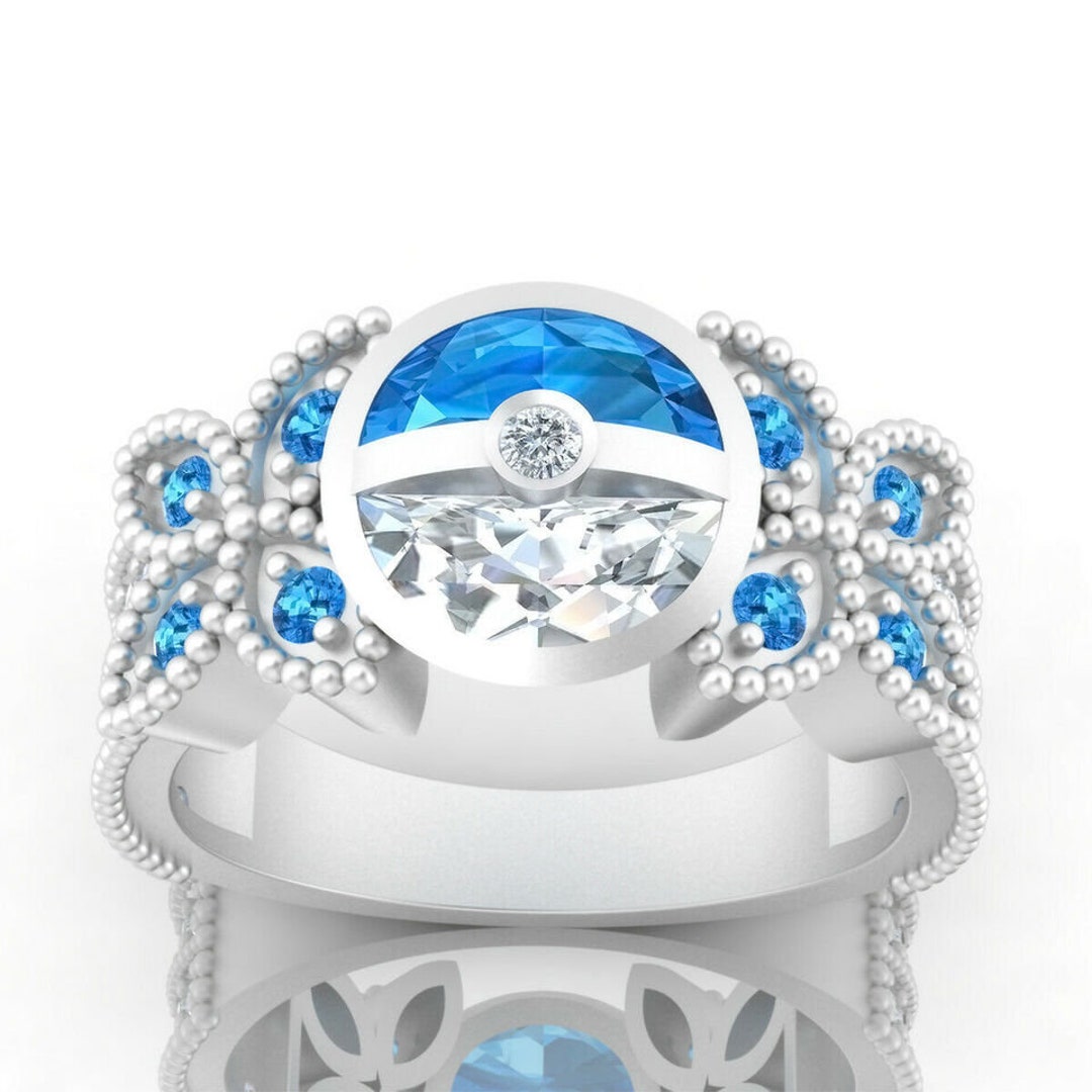 New Pokemon Pokeball Trainers Blue Diamond Ring 925 Sterling Silver ...