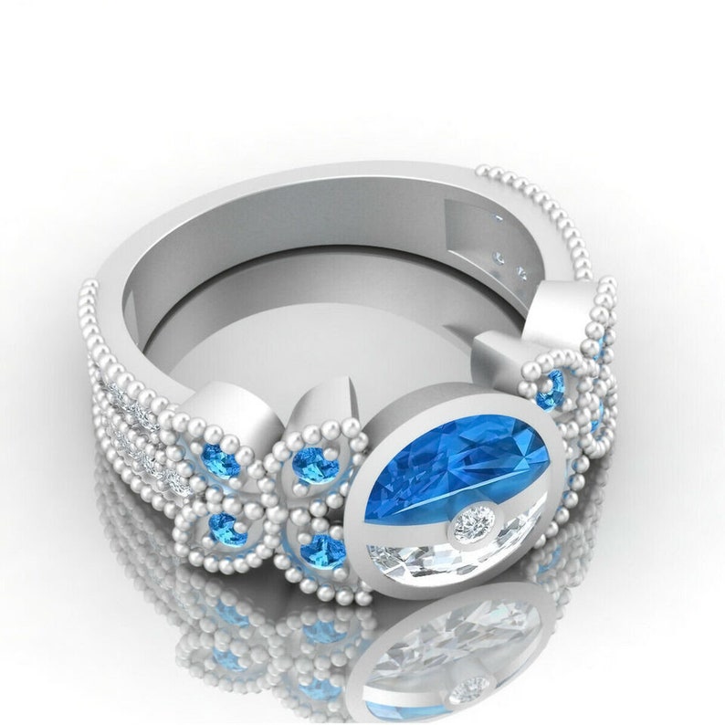 New Pokemon Pokeball Trainers Blue Diamond Ring 925 Sterling Silver ...