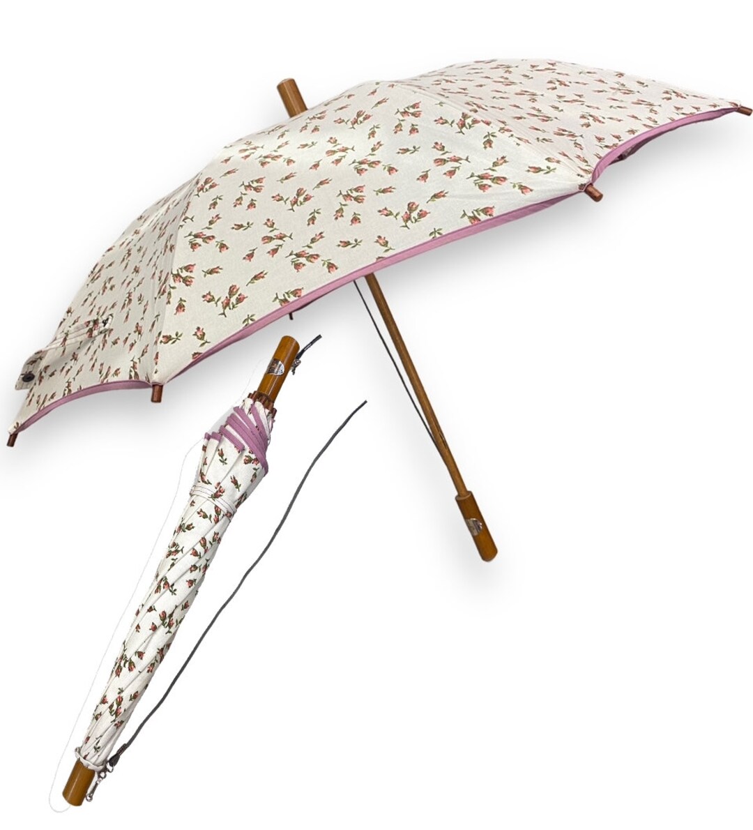 Parasol Umbrella 100% Cotton, Malacca Cane Handle, Flower Patterned ...