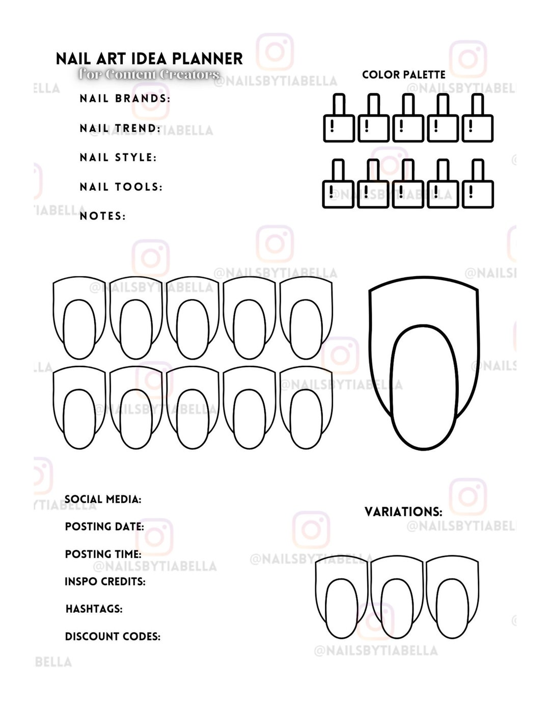 Oval Nail Art Sketchbook Printable Digital Template Nail Content ...