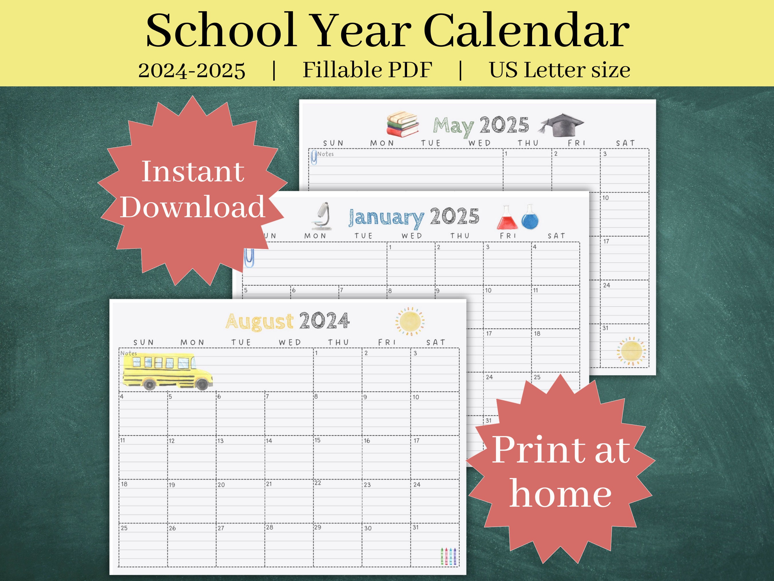 School Year Calendar Printable Academic Year 2024 2025 Calendar, Fridge ...