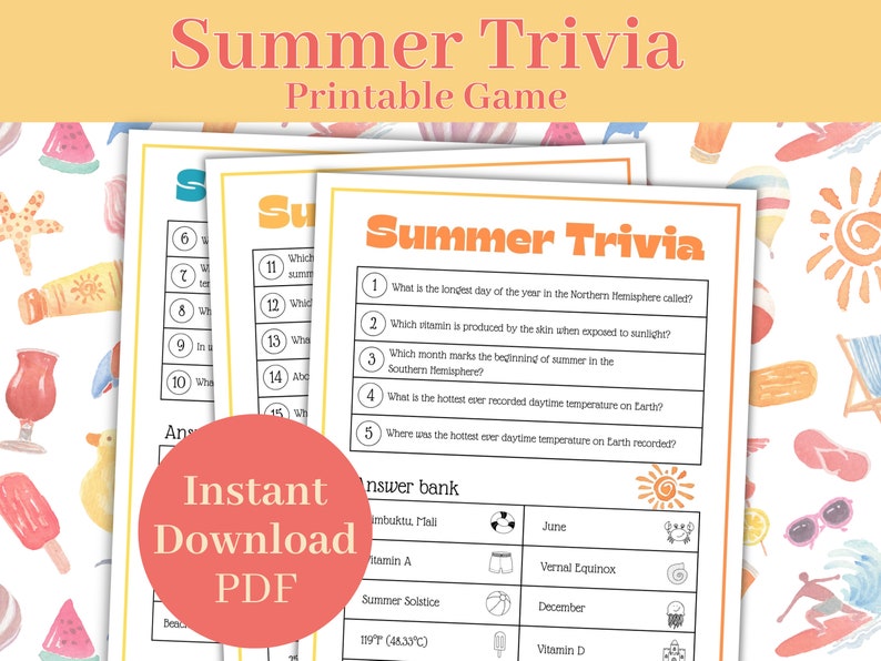 Summer Trivia Game Printable Party Game for Tweens Teens Adults, Summer ...