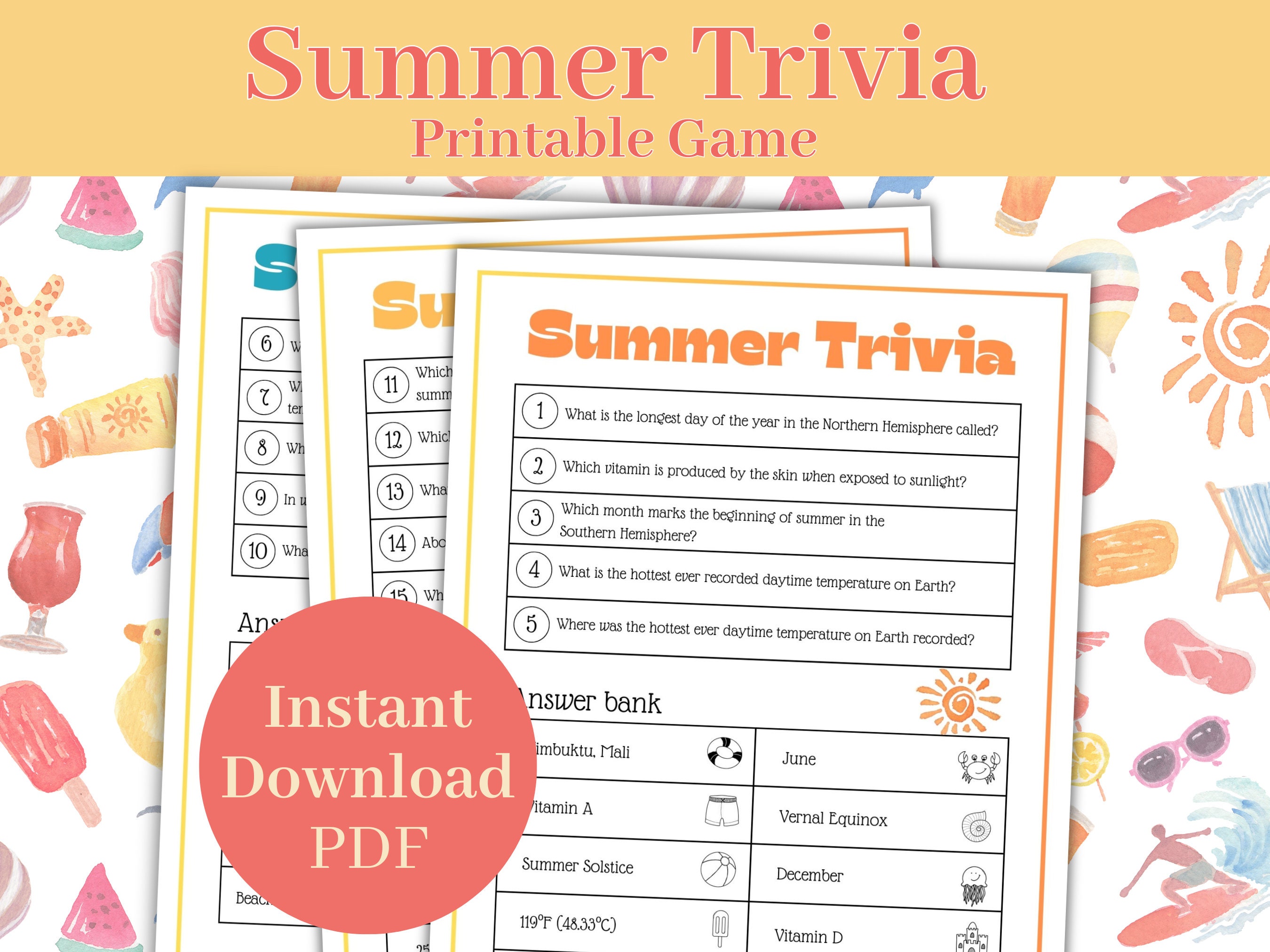 Summer Trivia Game Printable Party Game for Tweens Teens Adults, Summer ...