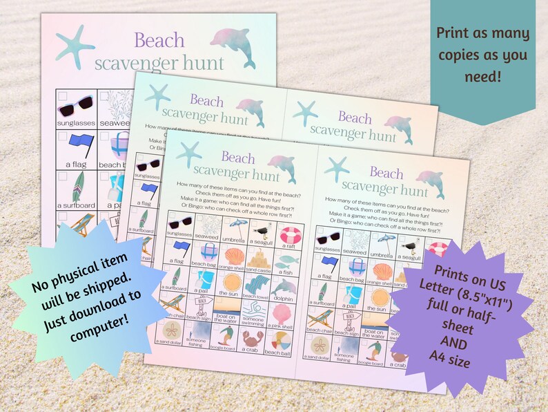 Beach Scavenger Hunt for Kids, Beach Bingo Game, Printable Scavenger ...