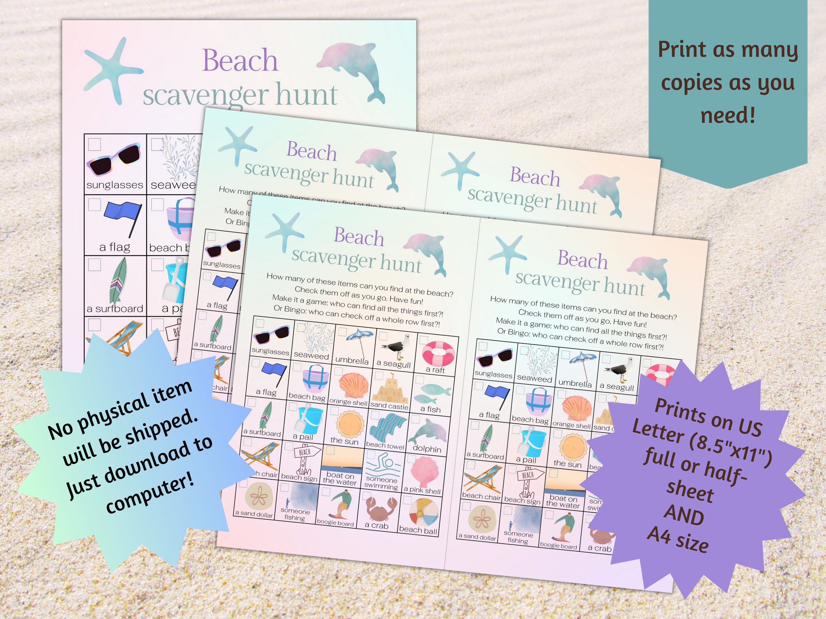 Beach Scavenger Hunt for Kids, Beach Bingo Game, Printable Scavenger ...