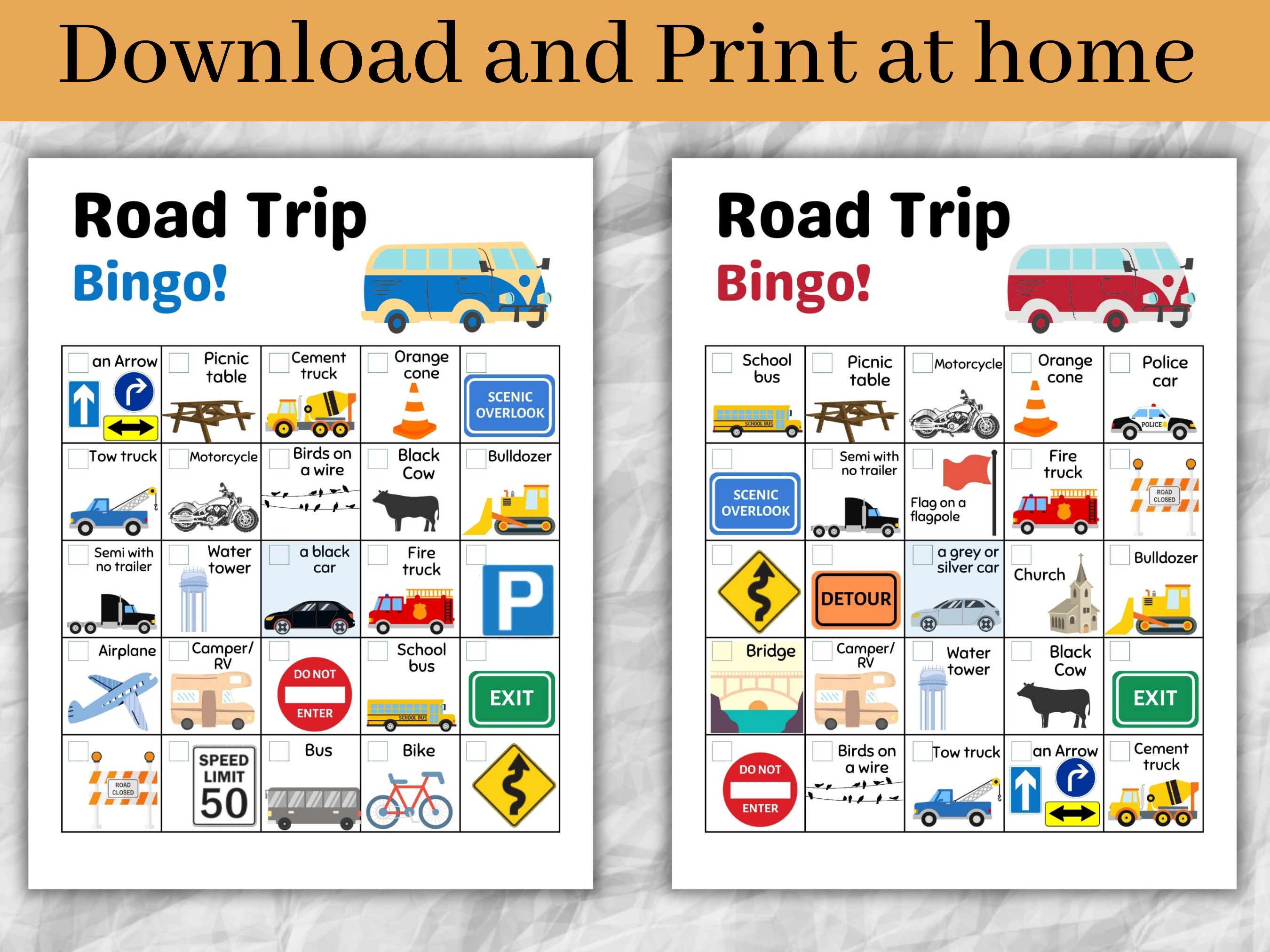 Road Trip Bingo Printable Car Game Set of 6 Bingo Cards, Road Trip ...