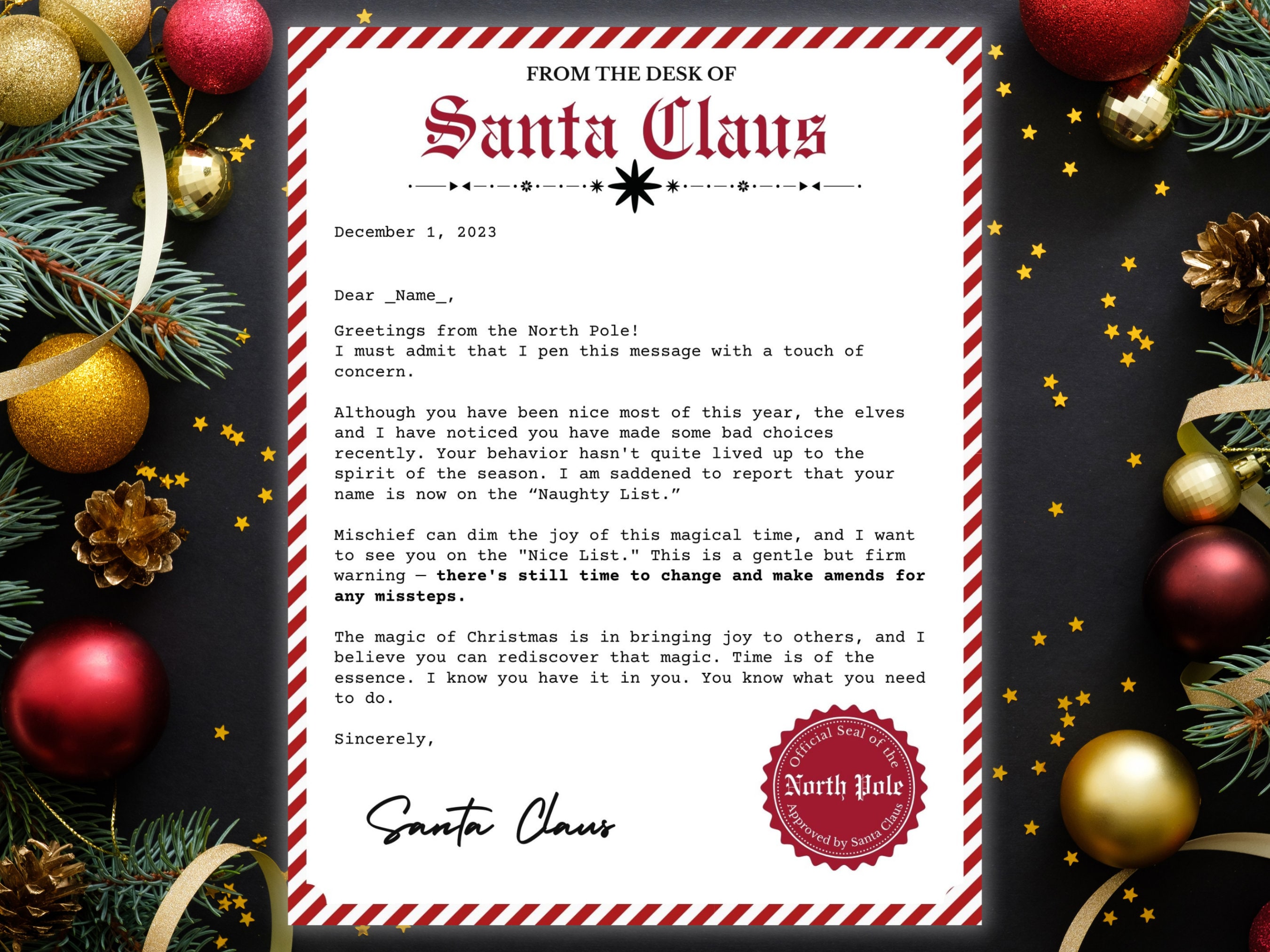 EDITABLE Santa Warning Letter, Naughty List Letter From Santa, Santa ...