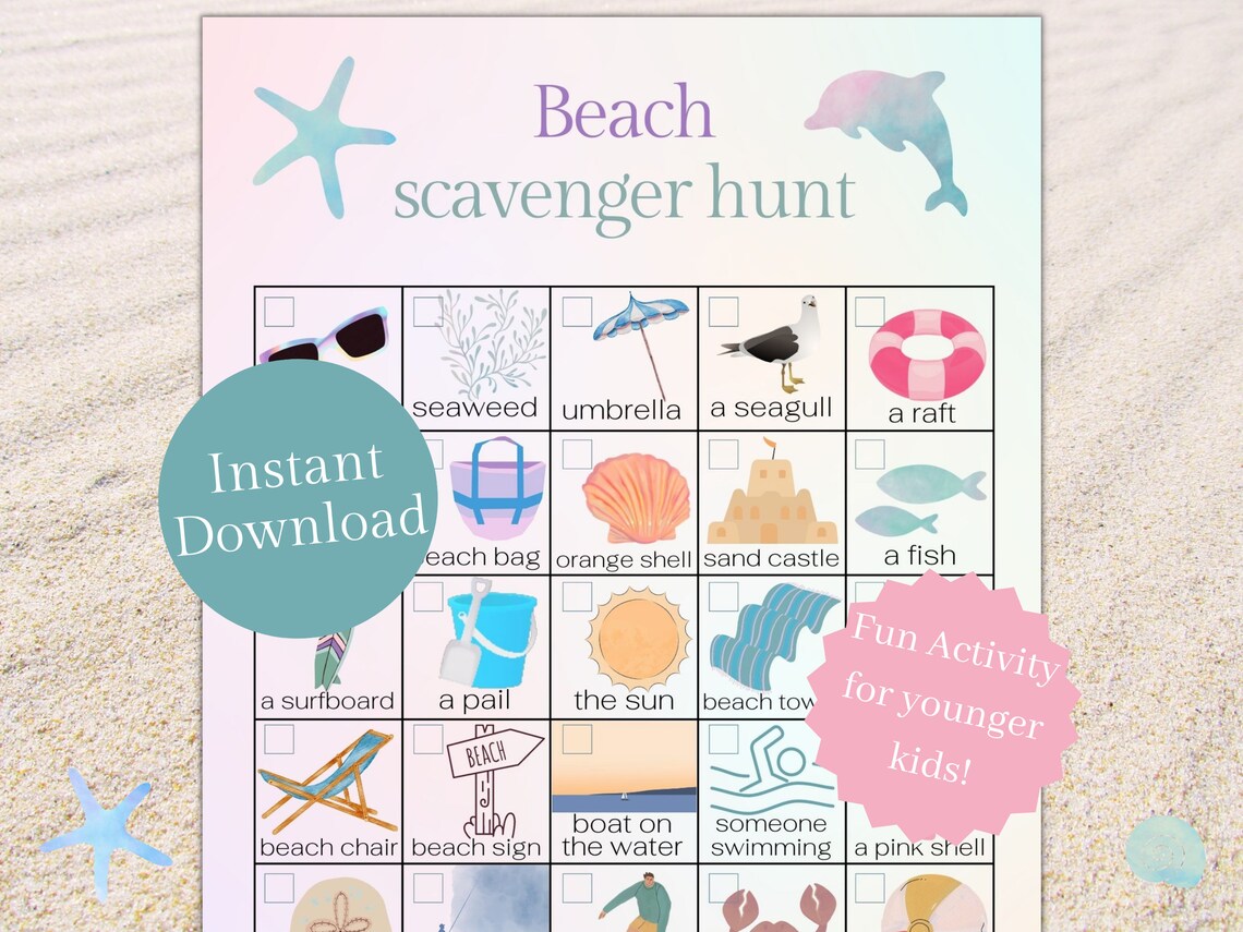 Beach Scavenger Hunt for Kids, Beach Bingo Game, Printable Scavenger ...
