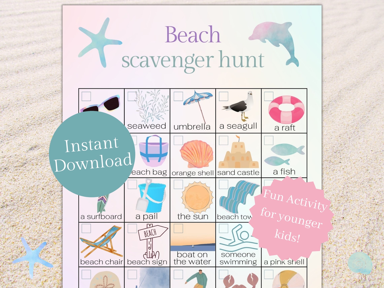 Beach Scavenger Hunt for Kids, Beach Bingo Game, Printable Scavenger ...