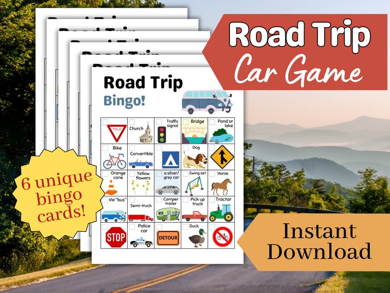 Road Trip Bingo Printable Car Game Set of 6 Bingo Cards, Road Trip ...