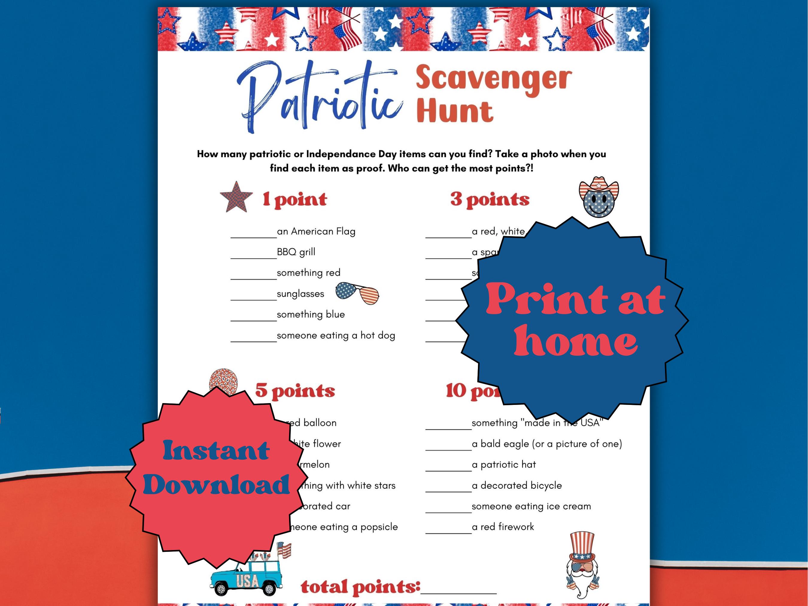 Patriotic Scavenger Hunt Printable July 4th Activity, Patriotic Game ...