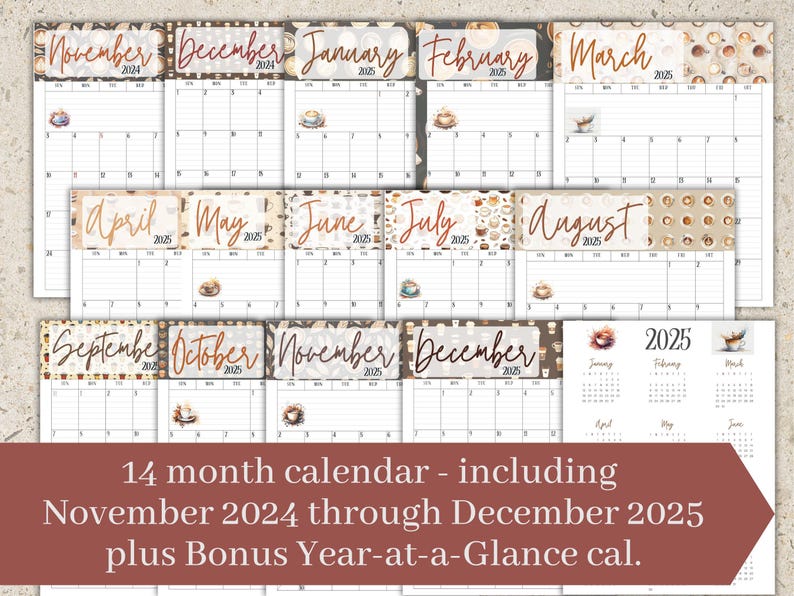 Printable 2025 Calendar Set, Coffee Lover Printable Monthly Calendar ...