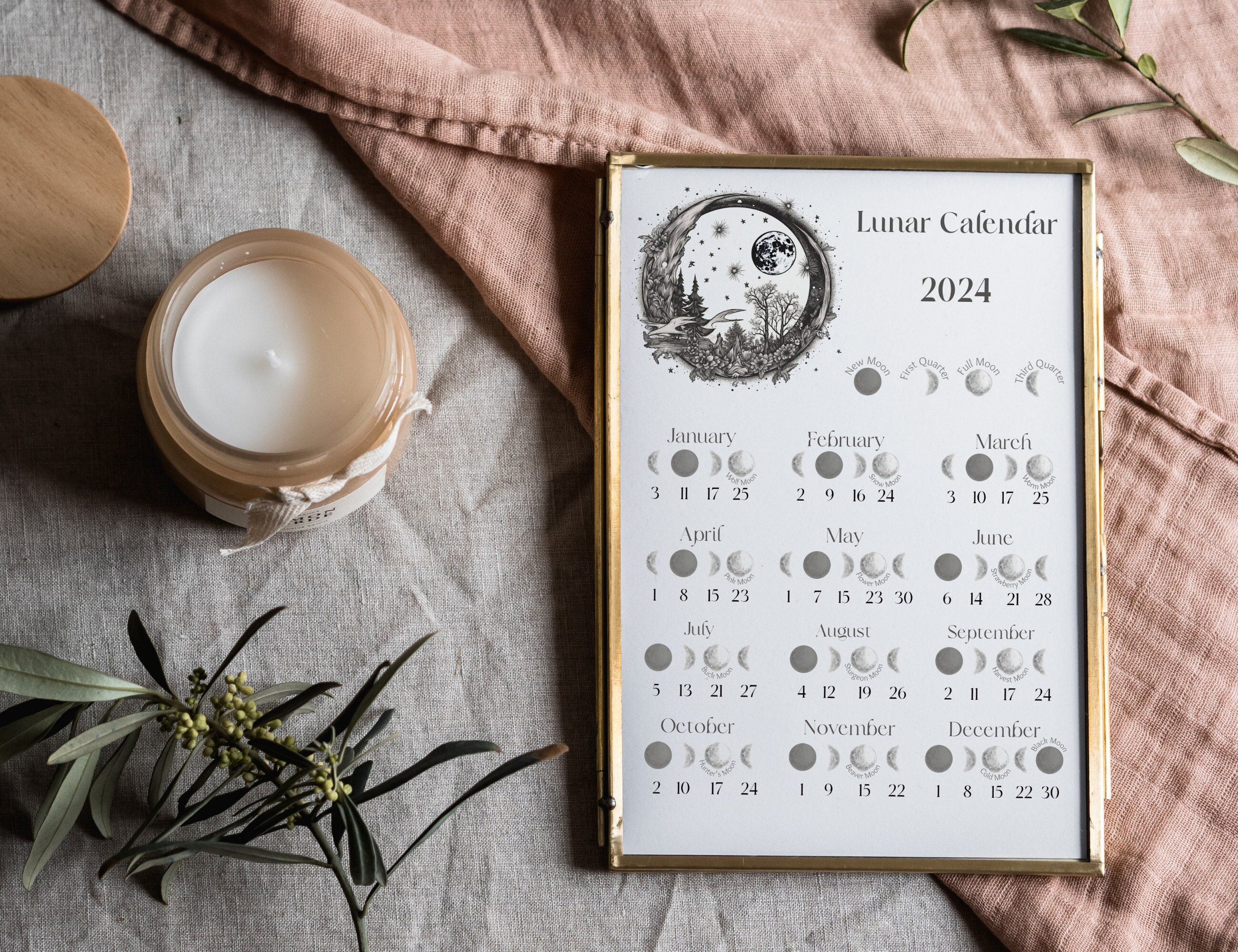 Lunar Calendar 2024 Printable Moon Calendar, Moon Phase Calendar ...