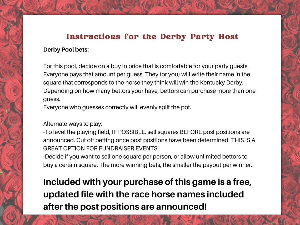 Derby Party Betting Game, Kentucky Horse Derby Pool, Printable Betting ...
