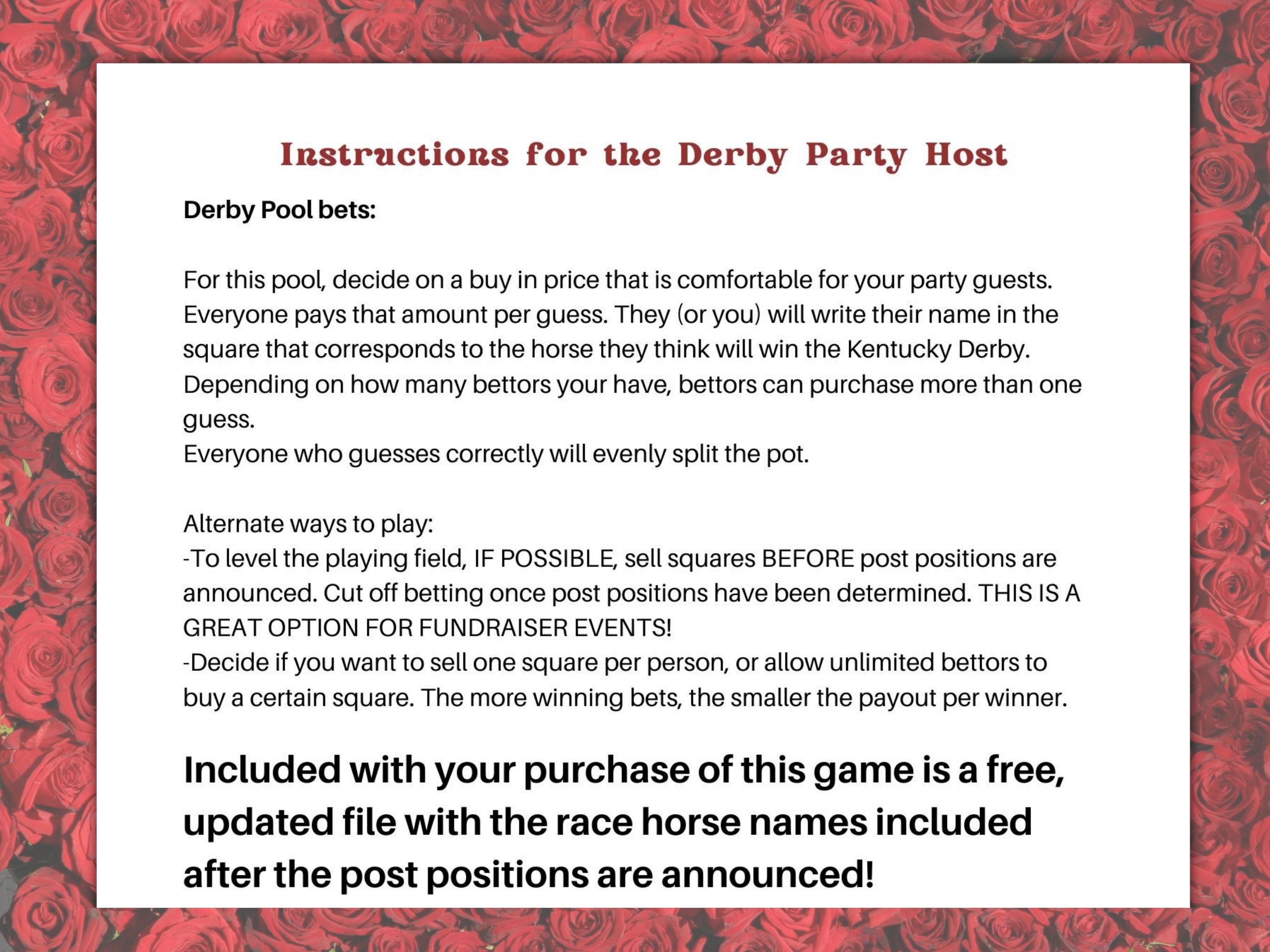 Derby Party Betting Game, Kentucky Horse Derby Pool, Printable Betting ...