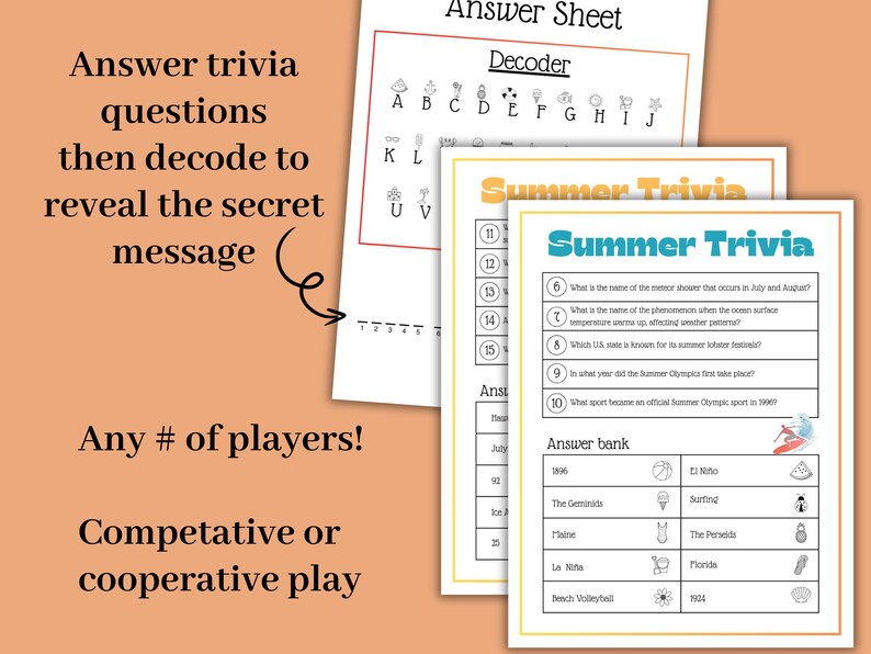 Summer Trivia Game Printable Party Game for Tweens Teens Adults, Summer ...