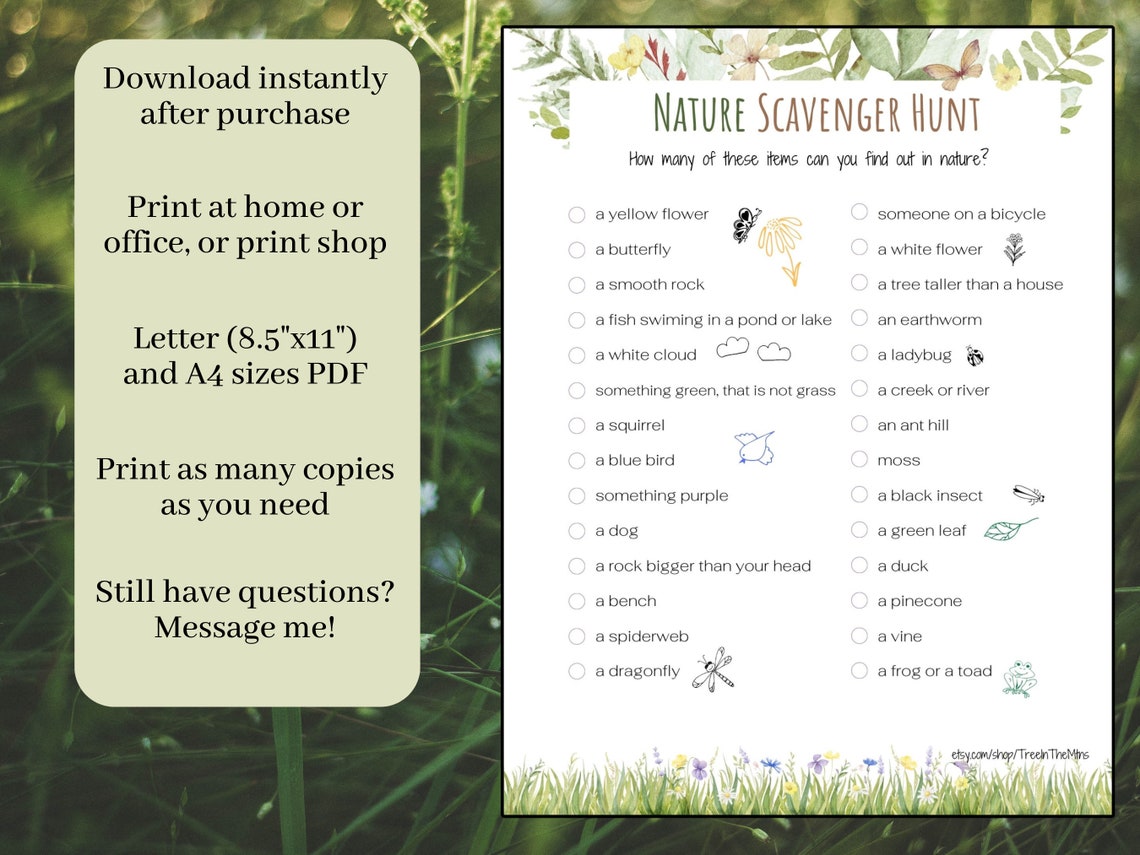 Nature Scavenger Hunt, Printable Outdoor Scavenger Hunt for Kids Tweens ...