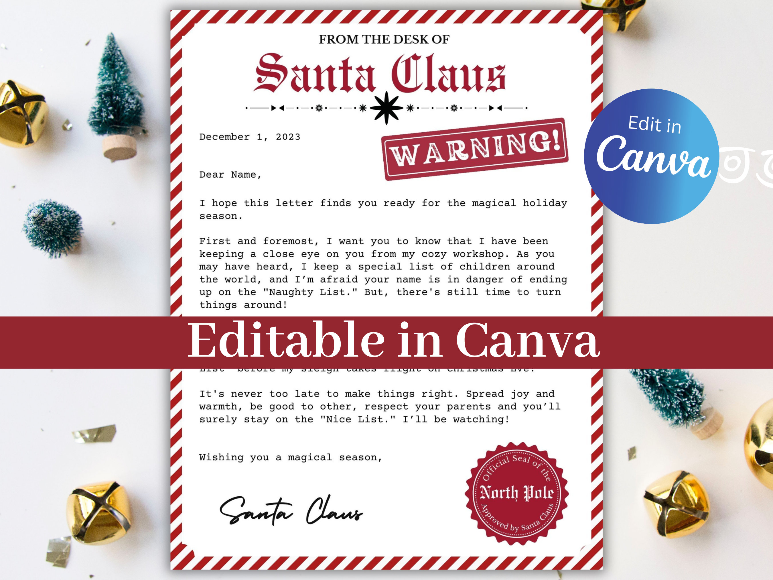 EDITABLE Santa Warning Letter, Naughty List Letter From Santa, Santa ...