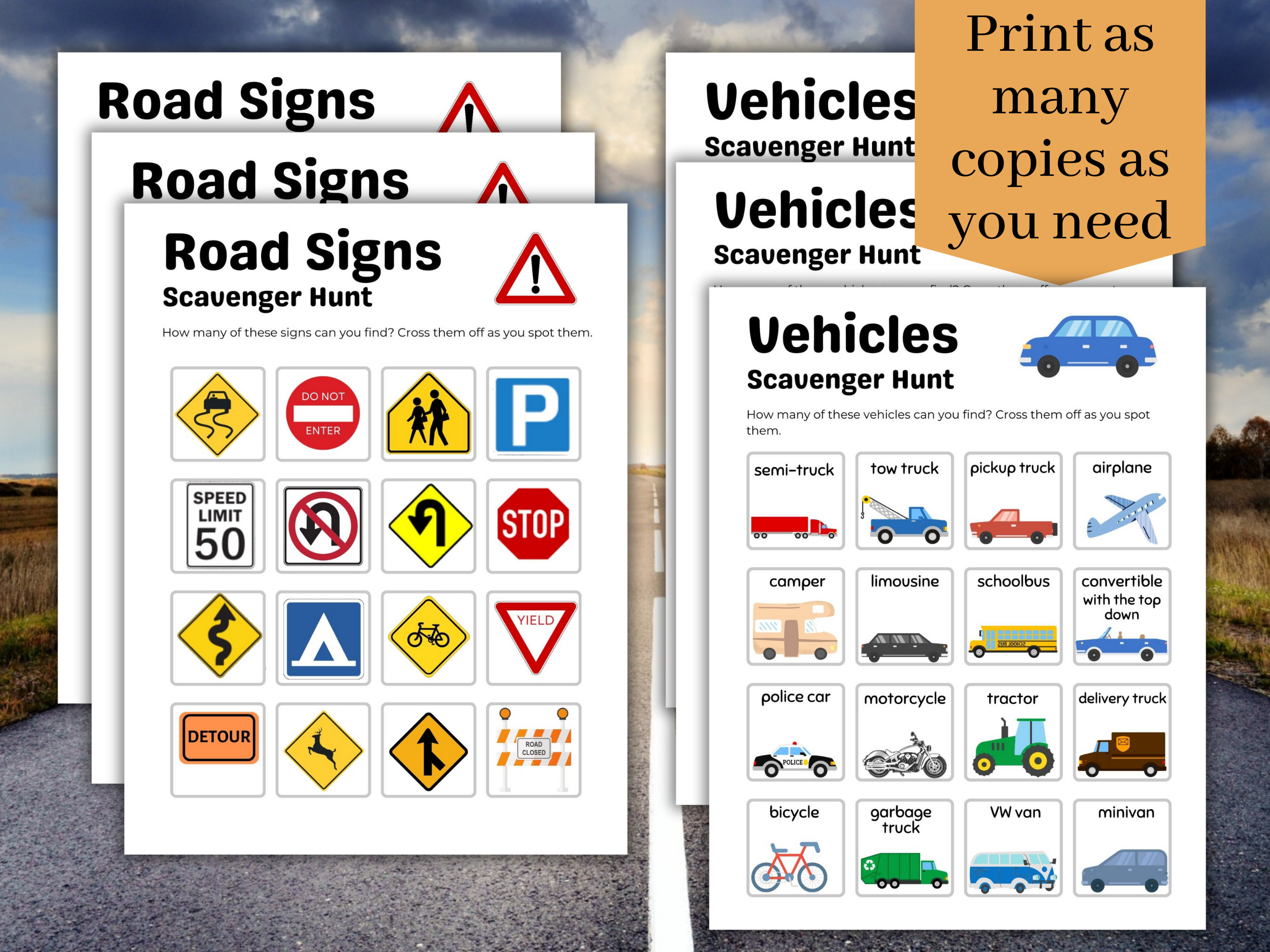 Road Trip Scavenger Hunt, Printable Road Trip Games Set of 8 Kids Games ...