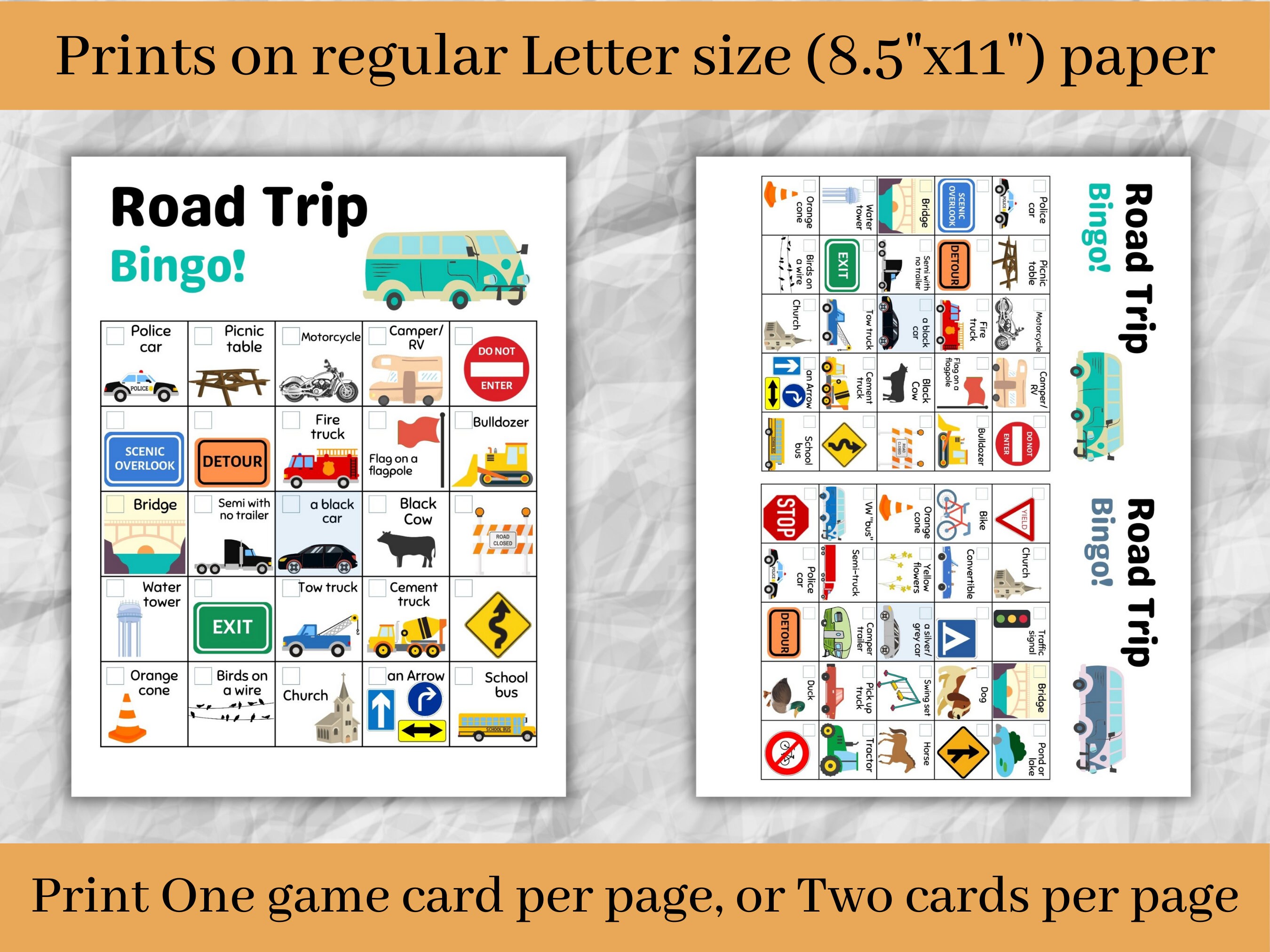 Road Trip Bingo Printable Car Game Set of 6 Bingo Cards, Road Trip ...