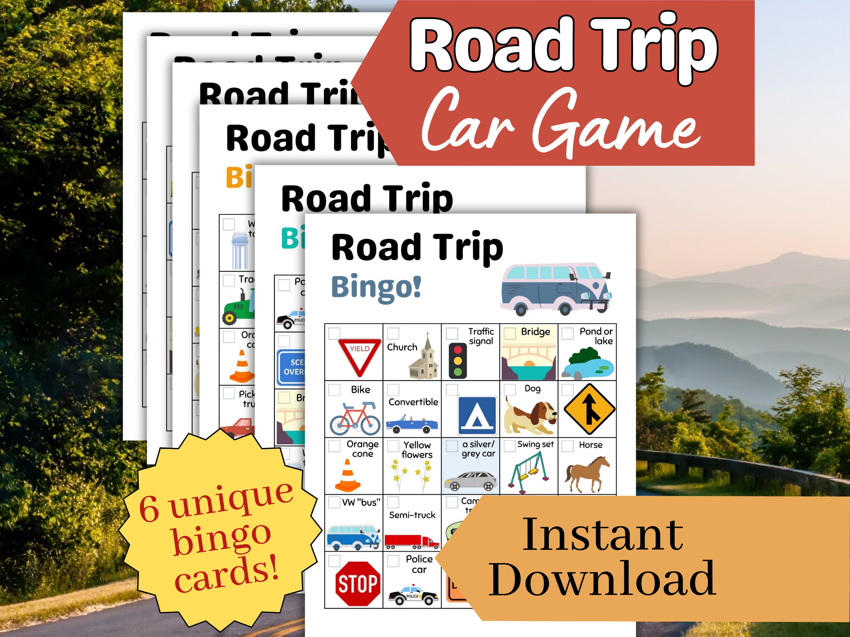 Road Trip Bingo Printable Car Game Set of 6 Bingo Cards, Road Trip ...