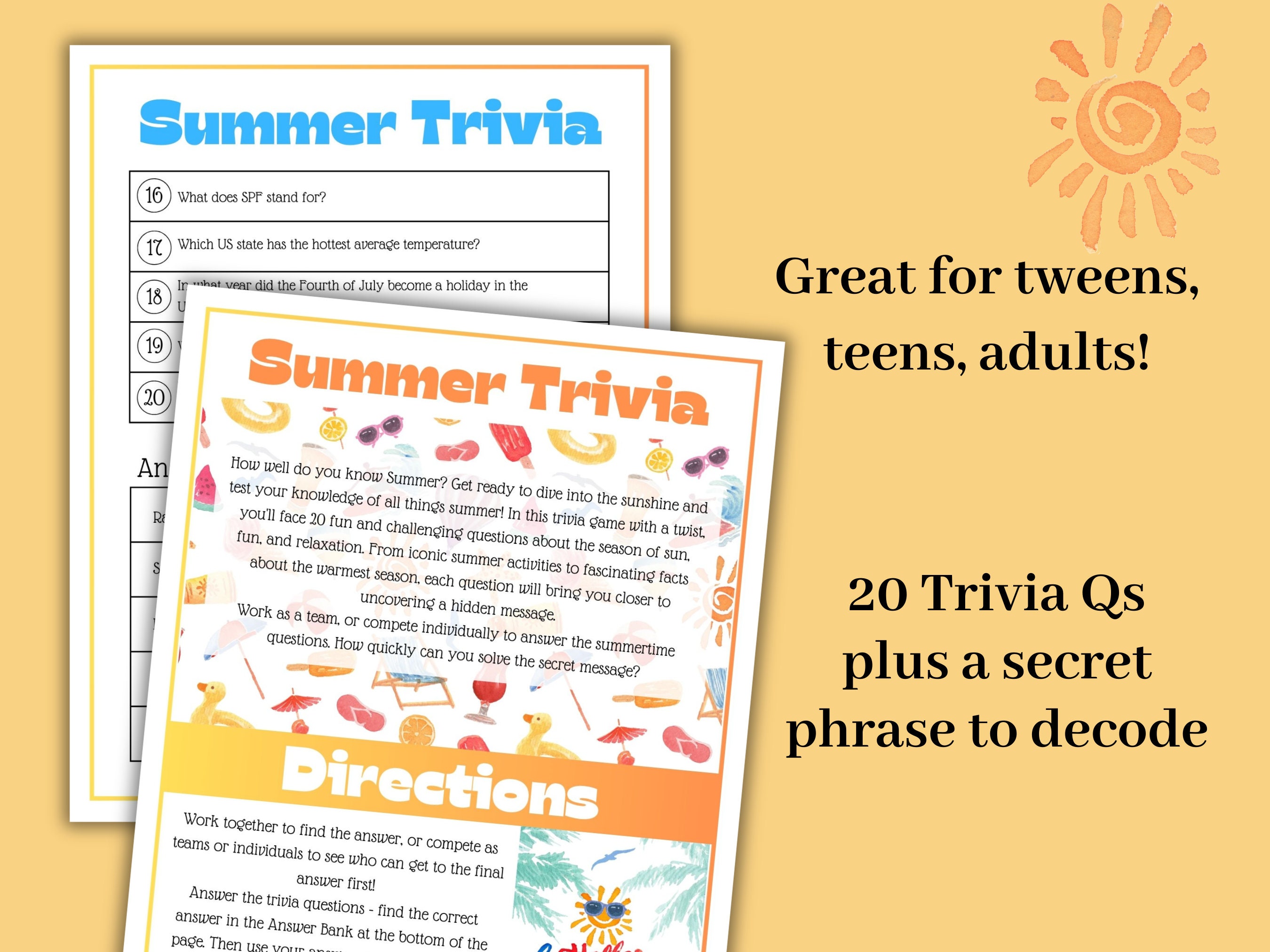 Summer Trivia Game Printable Party Game for Tweens Teens Adults, Summer ...