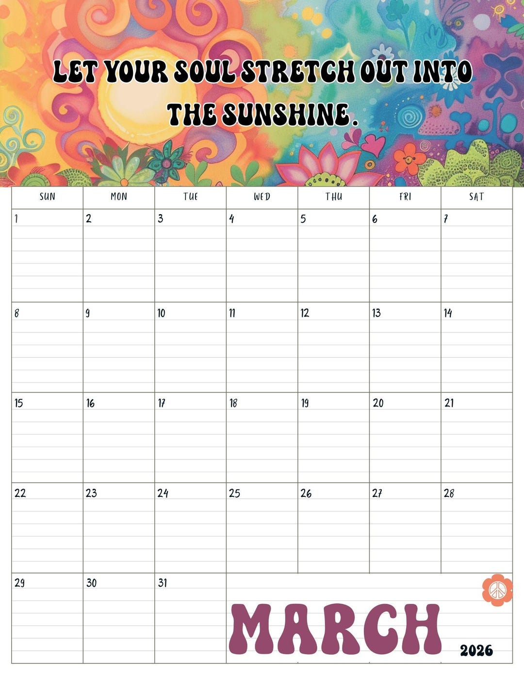 Printable 2026 Monthly Calendar Colorful Yearly Planner, 12 Month Blank ...