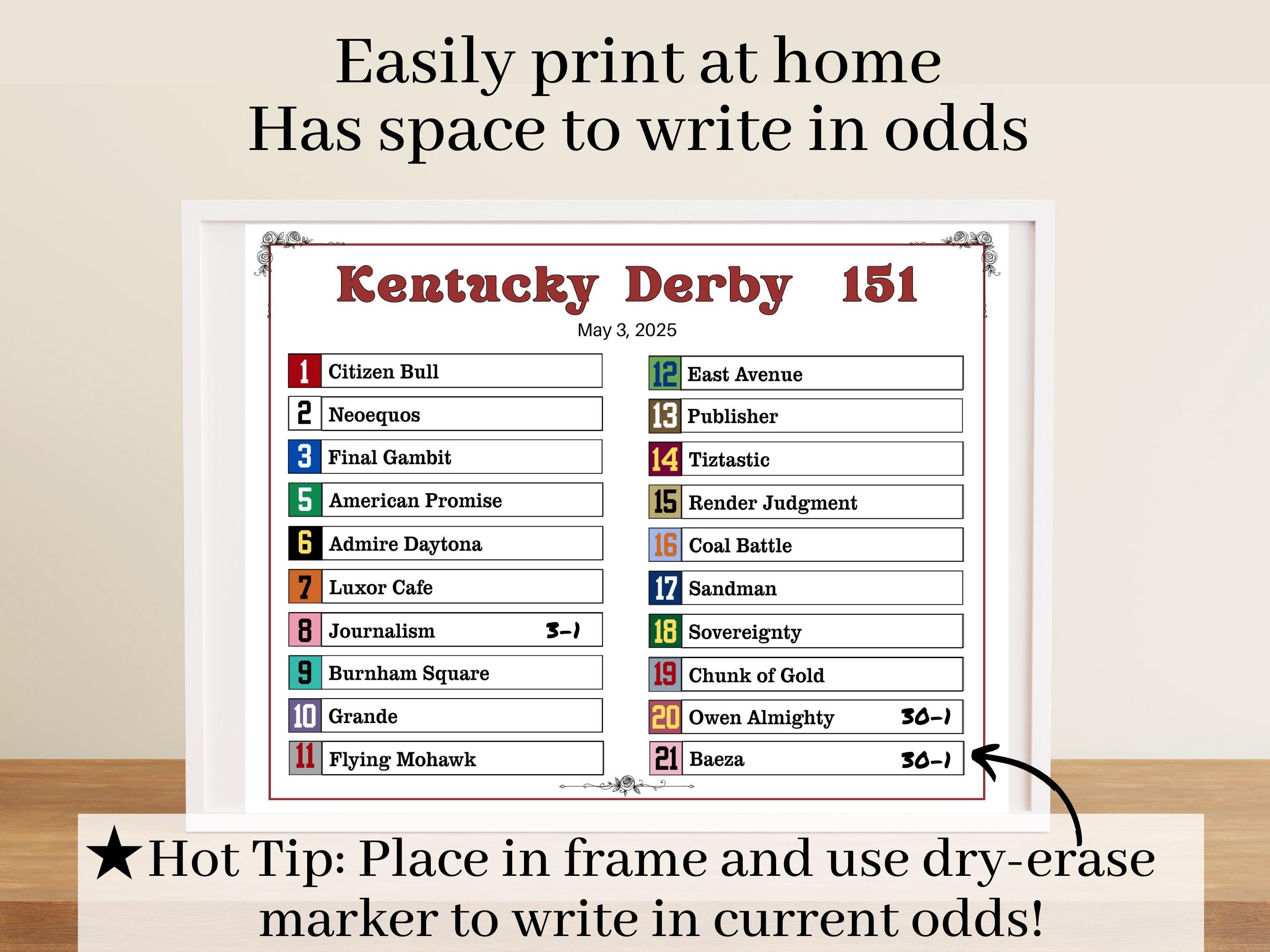 Derby Leaderboard Printable List of Horses and Post Positions, Includes ...