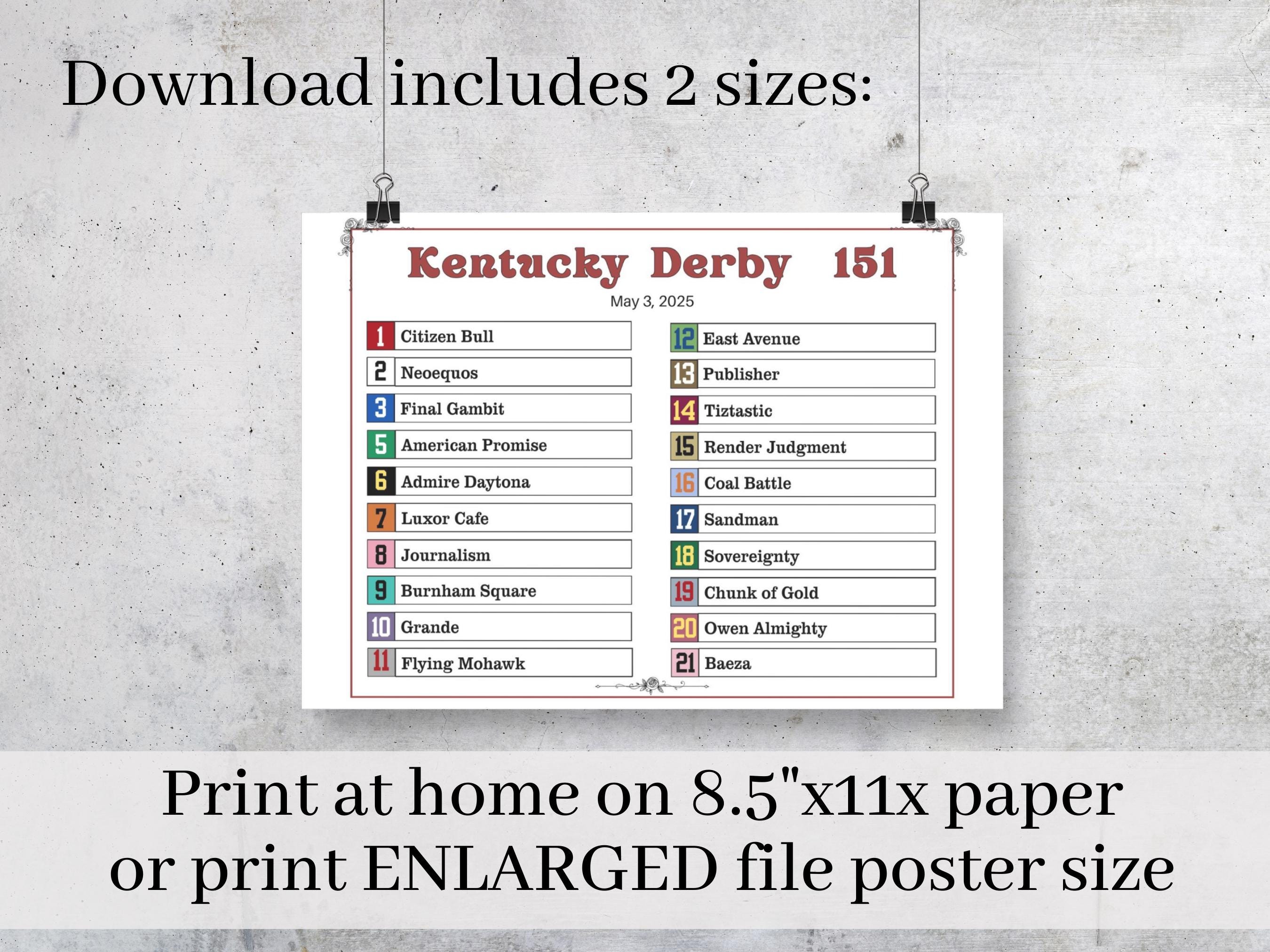 Derby Leaderboard Printable List of Horses and Post Positions, Includes ...