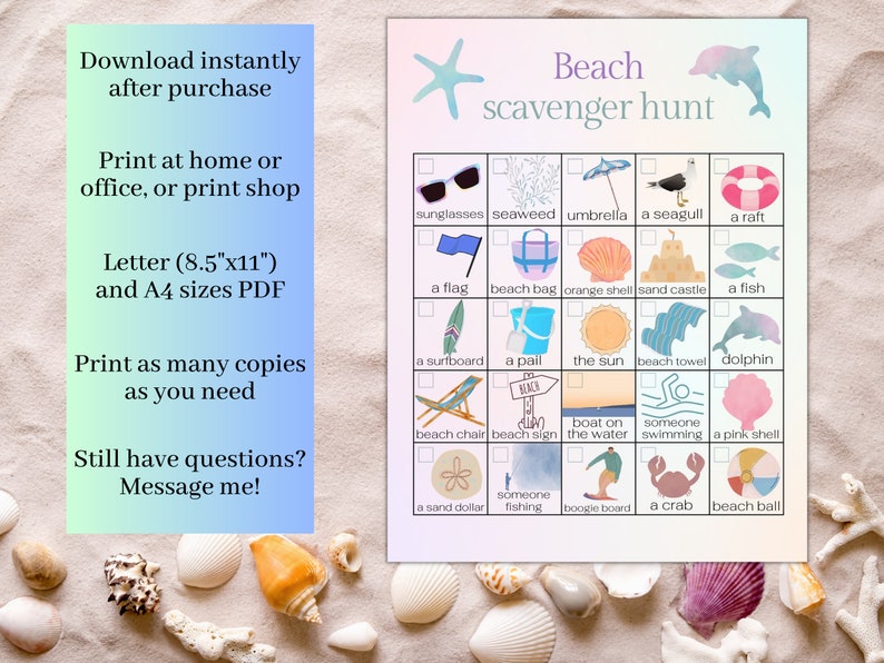 Beach Scavenger Hunt for Kids, Beach Bingo Game, Printable Scavenger ...