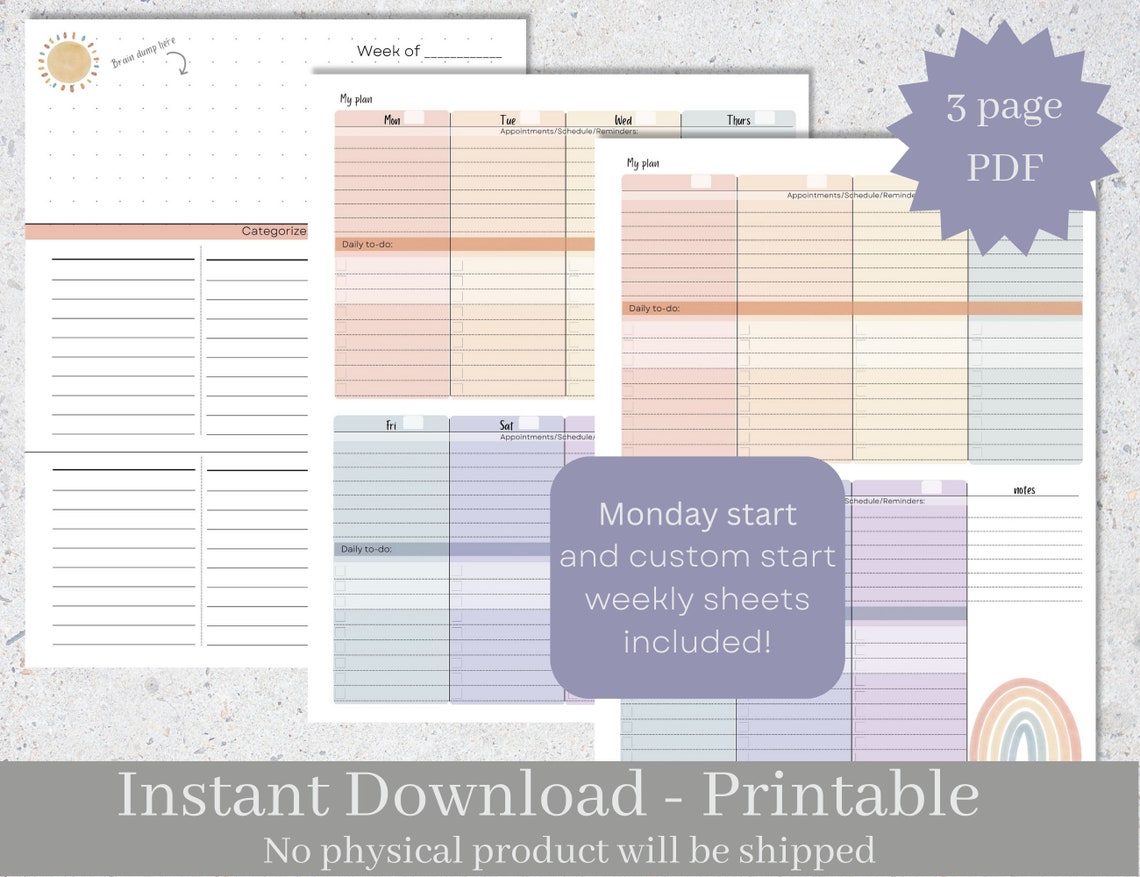 Printable Weekly Planner With Brain Dump and Daily to Do List ...