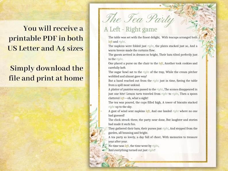 Tea Party Left Right Game, Printable Tea Party Games, Pass the Gift ...