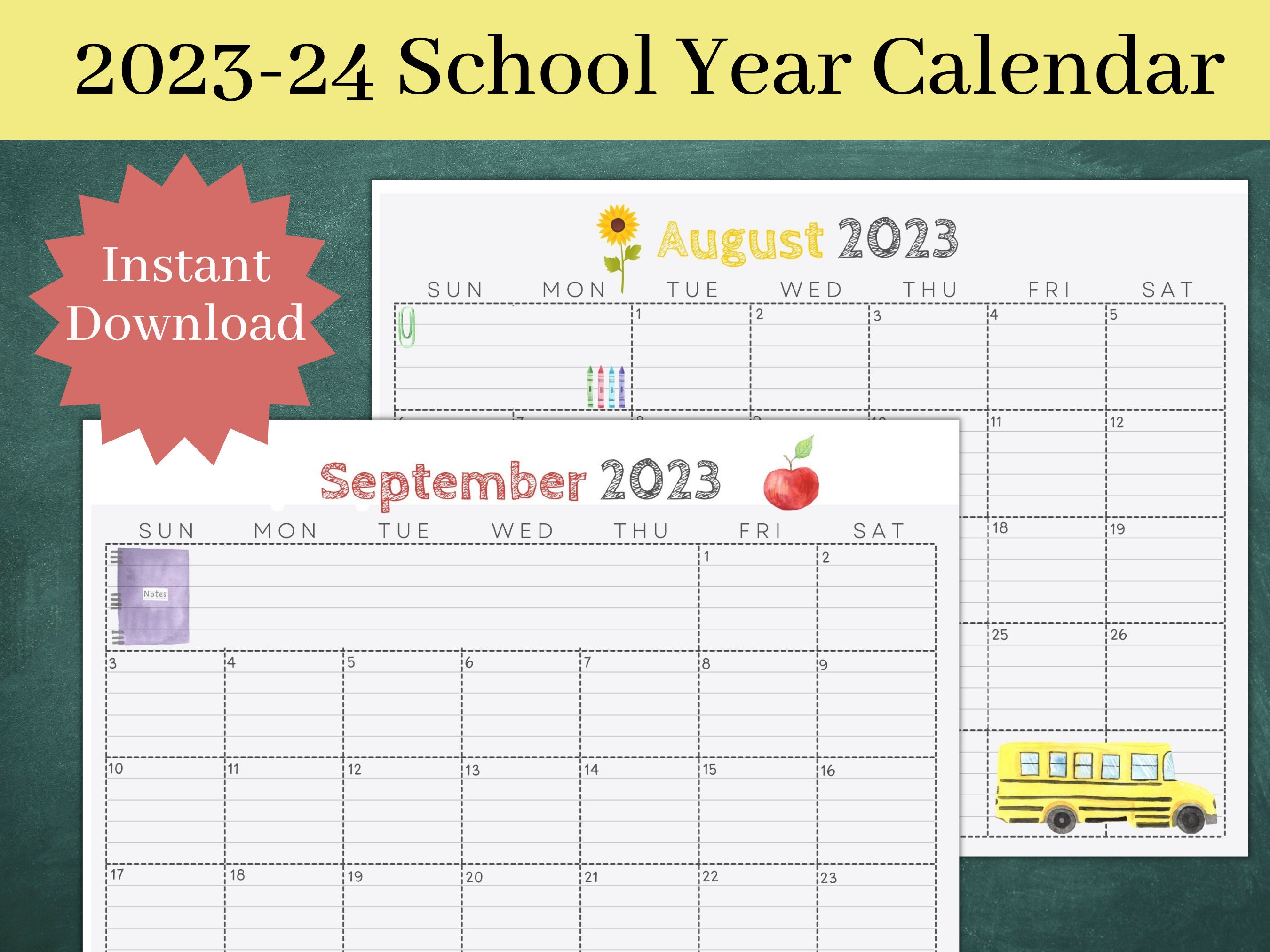 School Year Calendar 2023-2024 Printable Monthly Fridge - Etsy Hong Kong