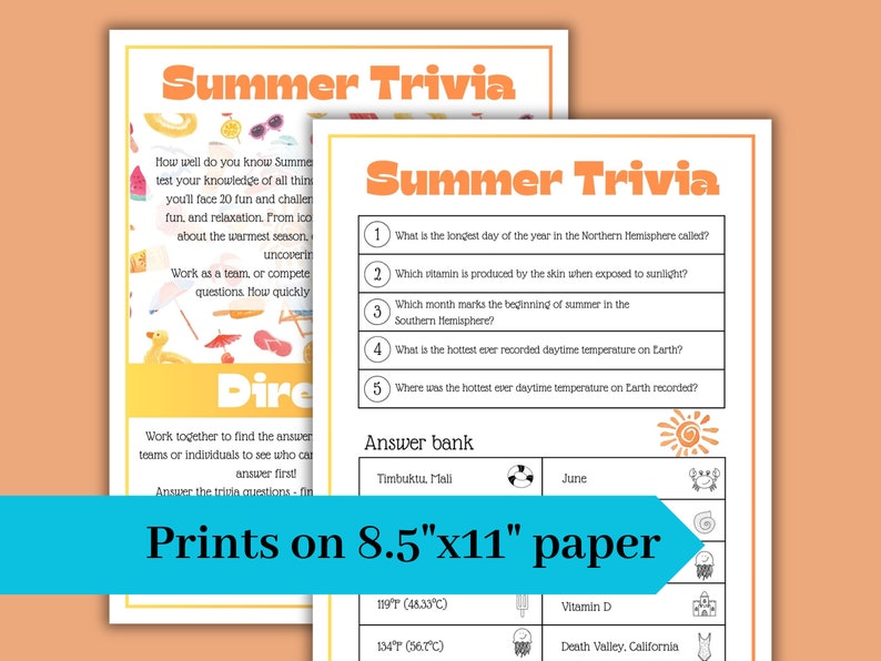 Summer Trivia Game Printable Party Game for Tweens Teens Adults, Summer ...