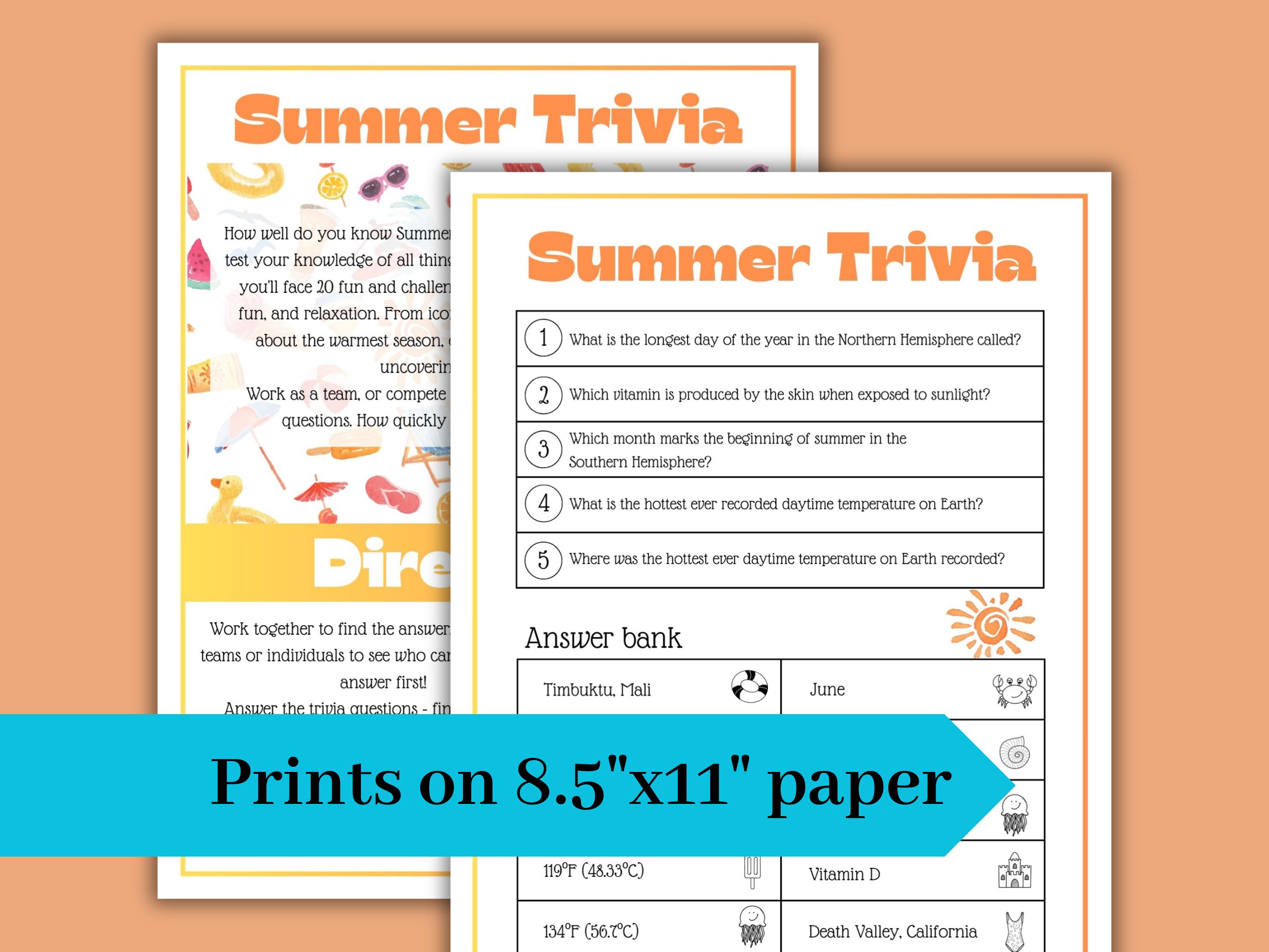 Summer Trivia Game Printable Party Game for Tweens Teens Adults, Summer ...