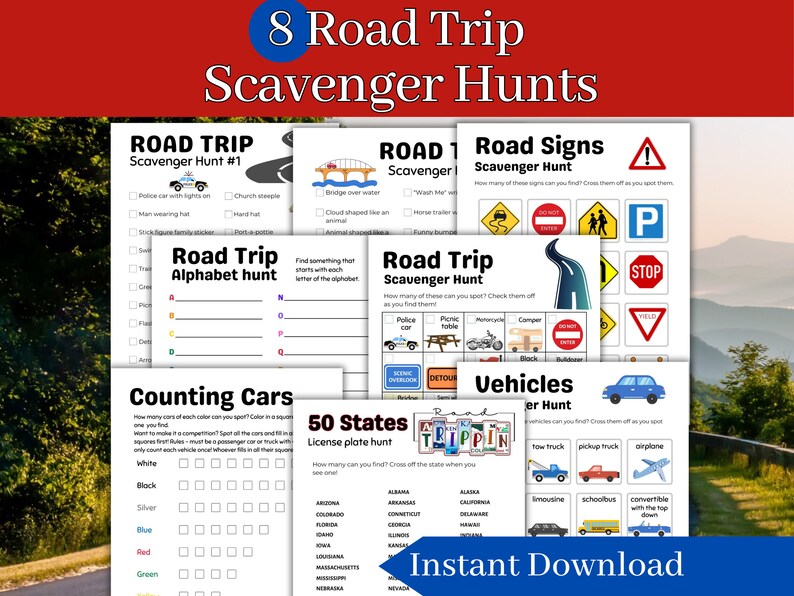 Road Trip Scavenger Hunt, Printable Road Trip Games Set of 8 Kids Games ...