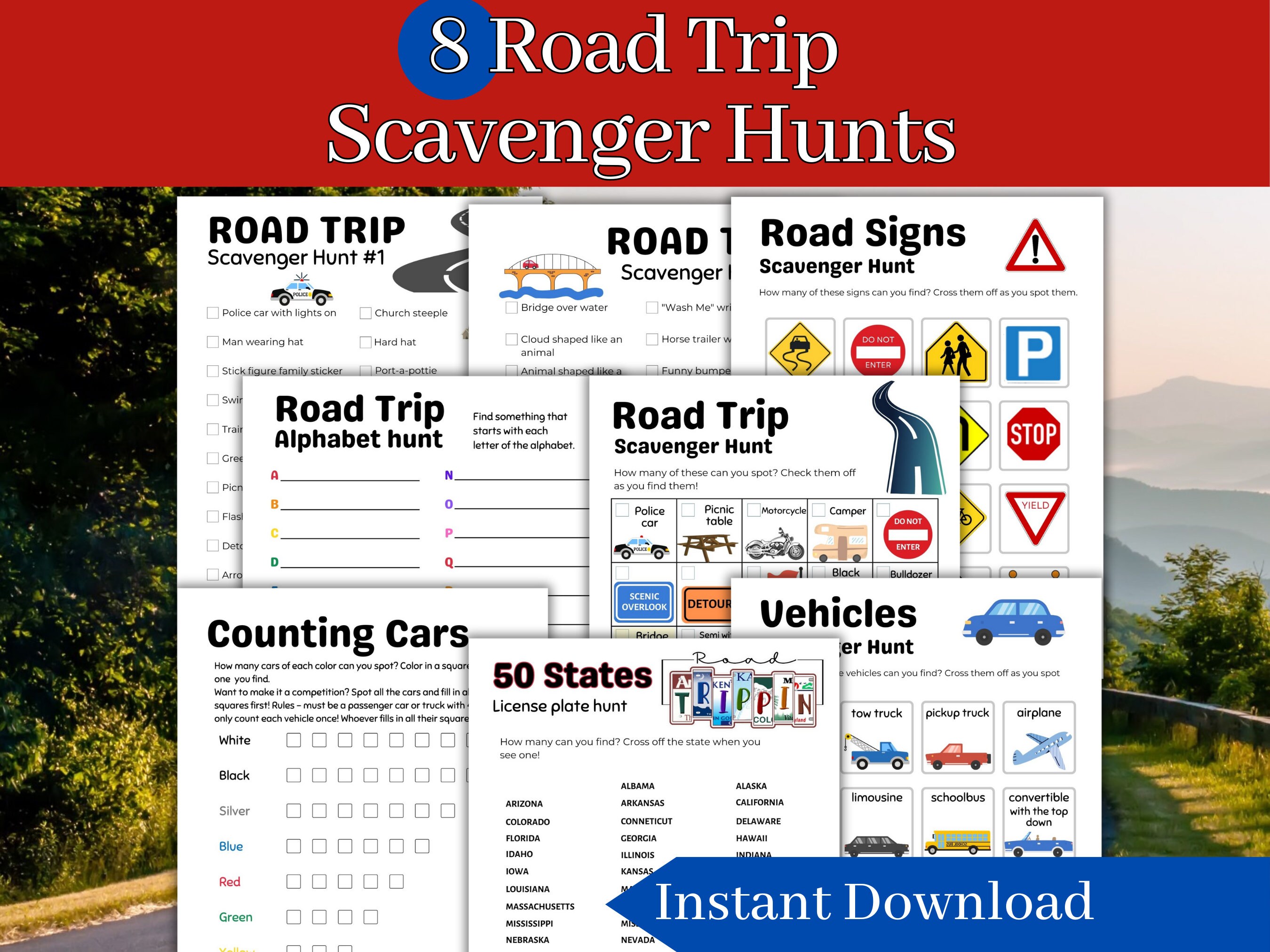 Road Trip Scavenger Hunt, Printable Road Trip Games Set of 8 Kids Games ...