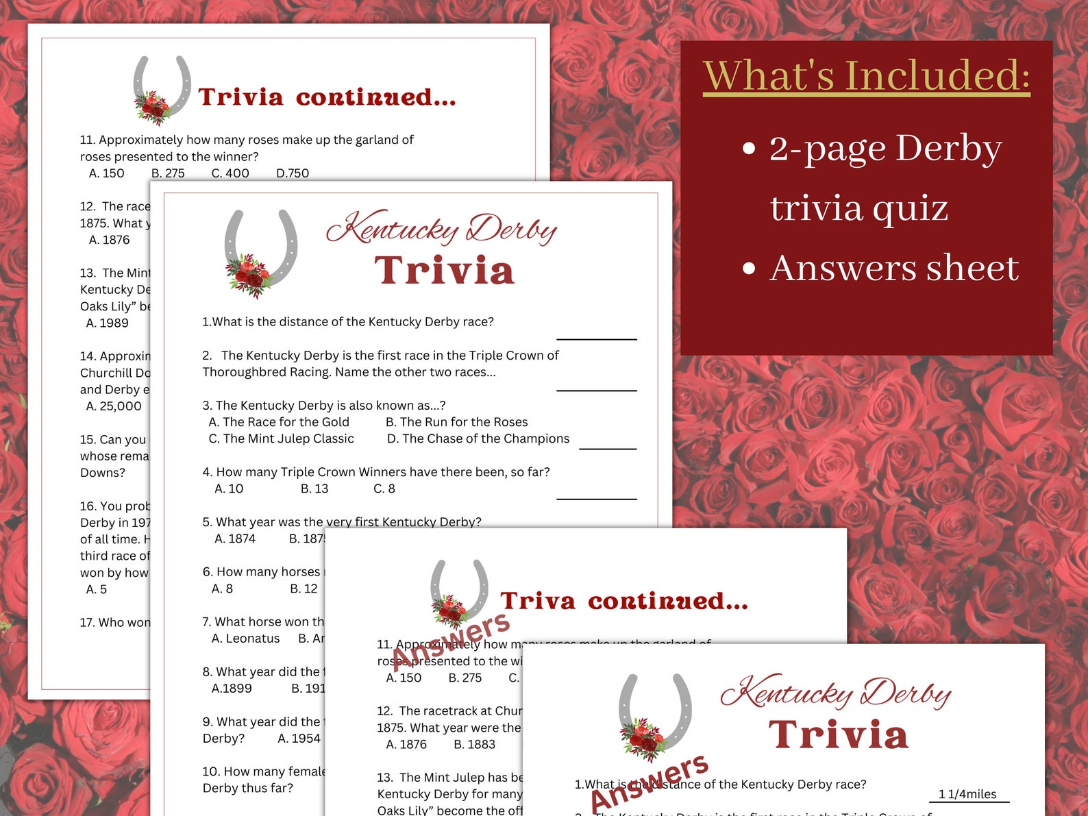 Derby Party Game, Printable Kentucky Derby Trivia Game, Derby Party ...