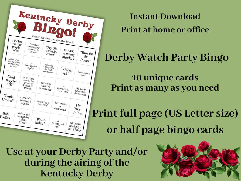 Derby Party Bingo for Your 2025 Kentucky Derby Watch Party, Kentucky ...