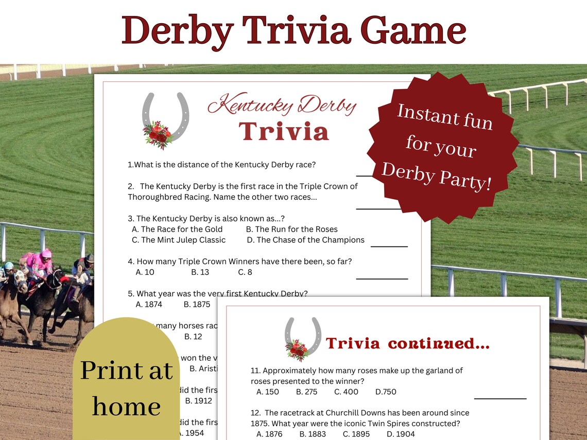 Derby Party Game, Printable Kentucky Derby Trivia Game, Derby Party ...