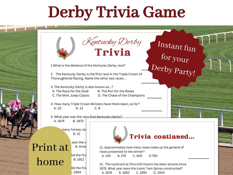 Derby Party Game, Printable Kentucky Derby Trivia Game, Derby Party ...